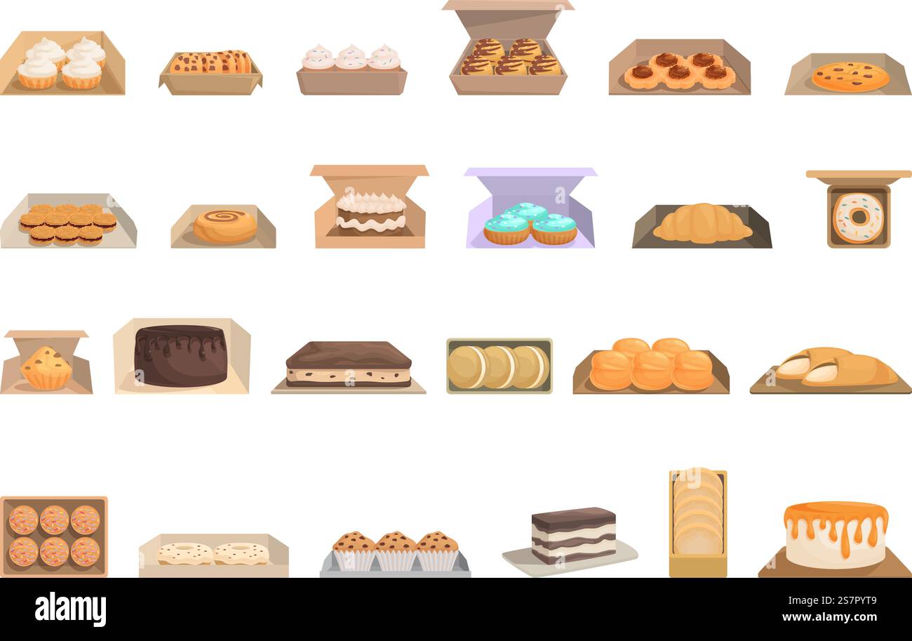 Homemade baked goods delivery icons set cartoon vector. Chocolate food ...