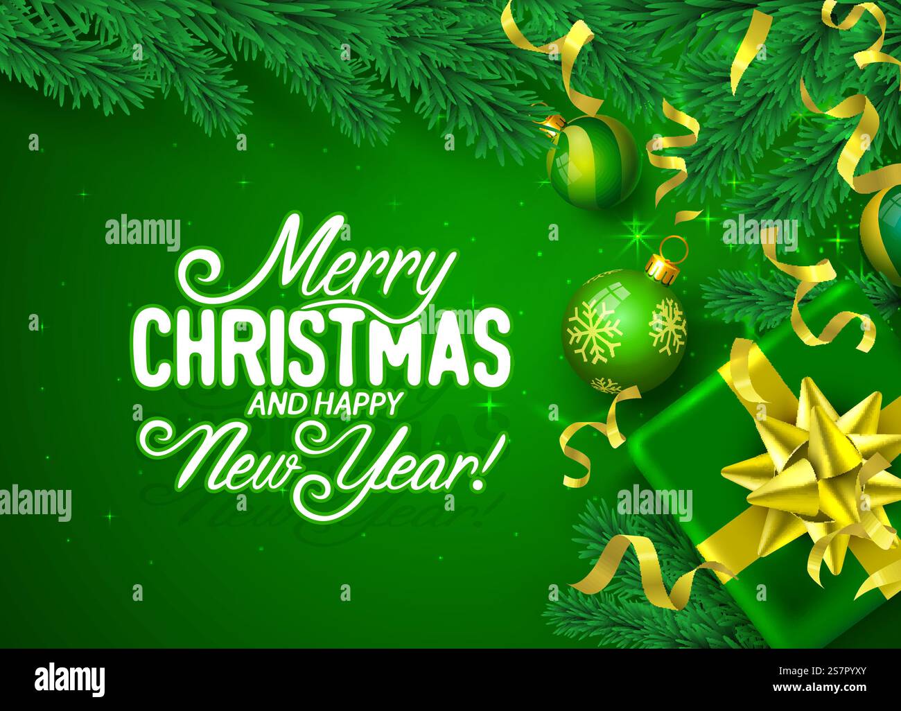 Merry Christmas Happy New Year tree with toys, card banner. Vector ...