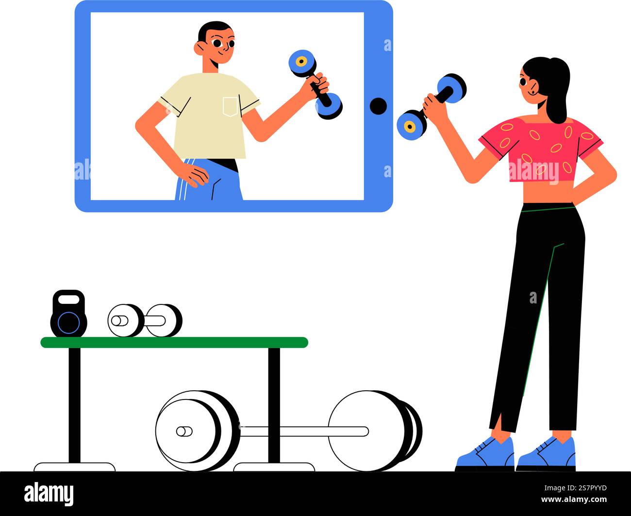 Female Character Doing Virtual Workout With Dumbbells And Trainer On ...