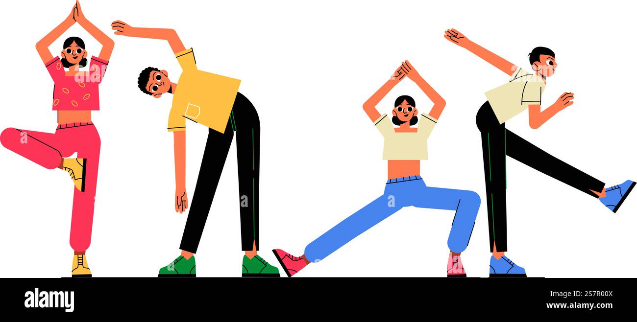 Group Of People Exercising Together In Flat Vector Illustration ...