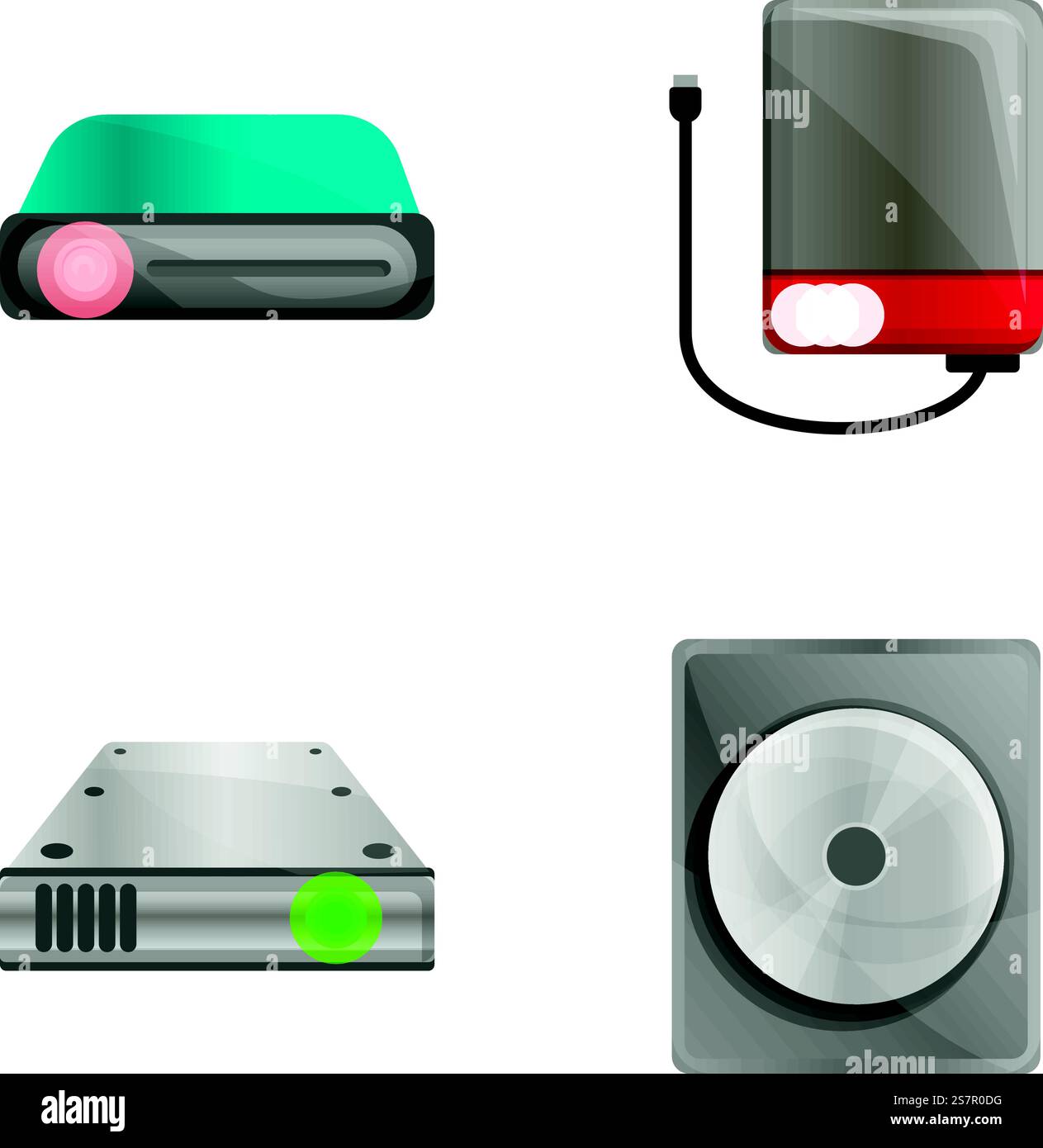 Modern device icons set cartoon vector. Power bank and disc player ...