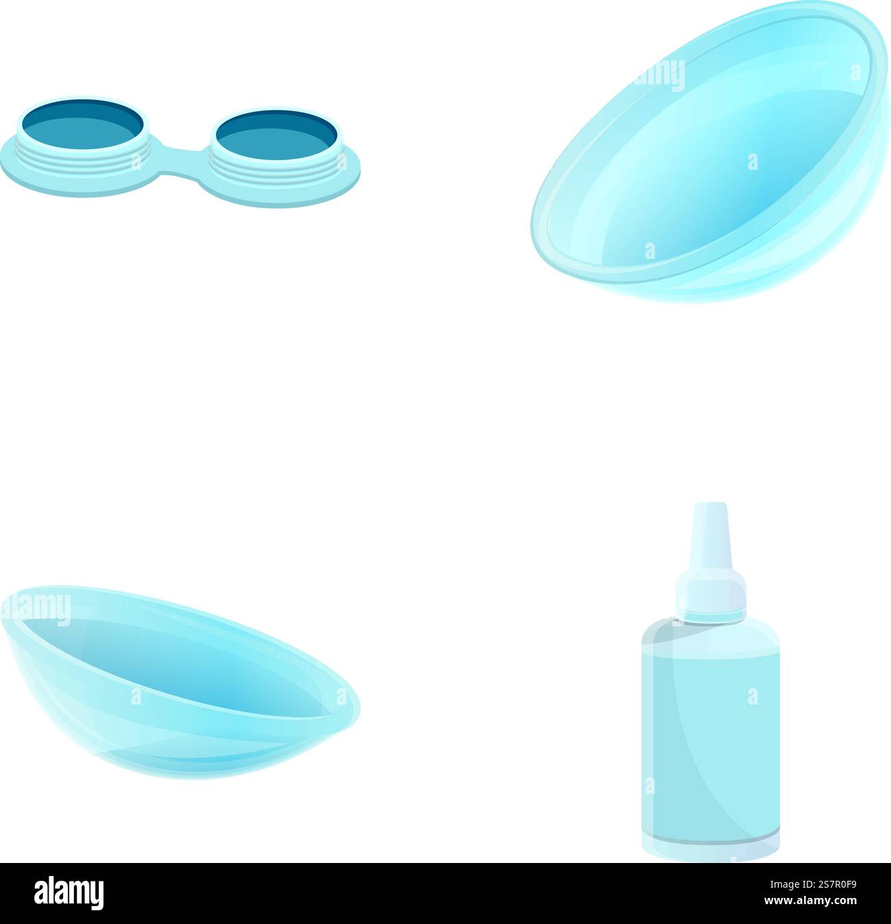 Eye lenses icons set cartoon vector. Contact lenses with packaging and liquid. Medicine ...