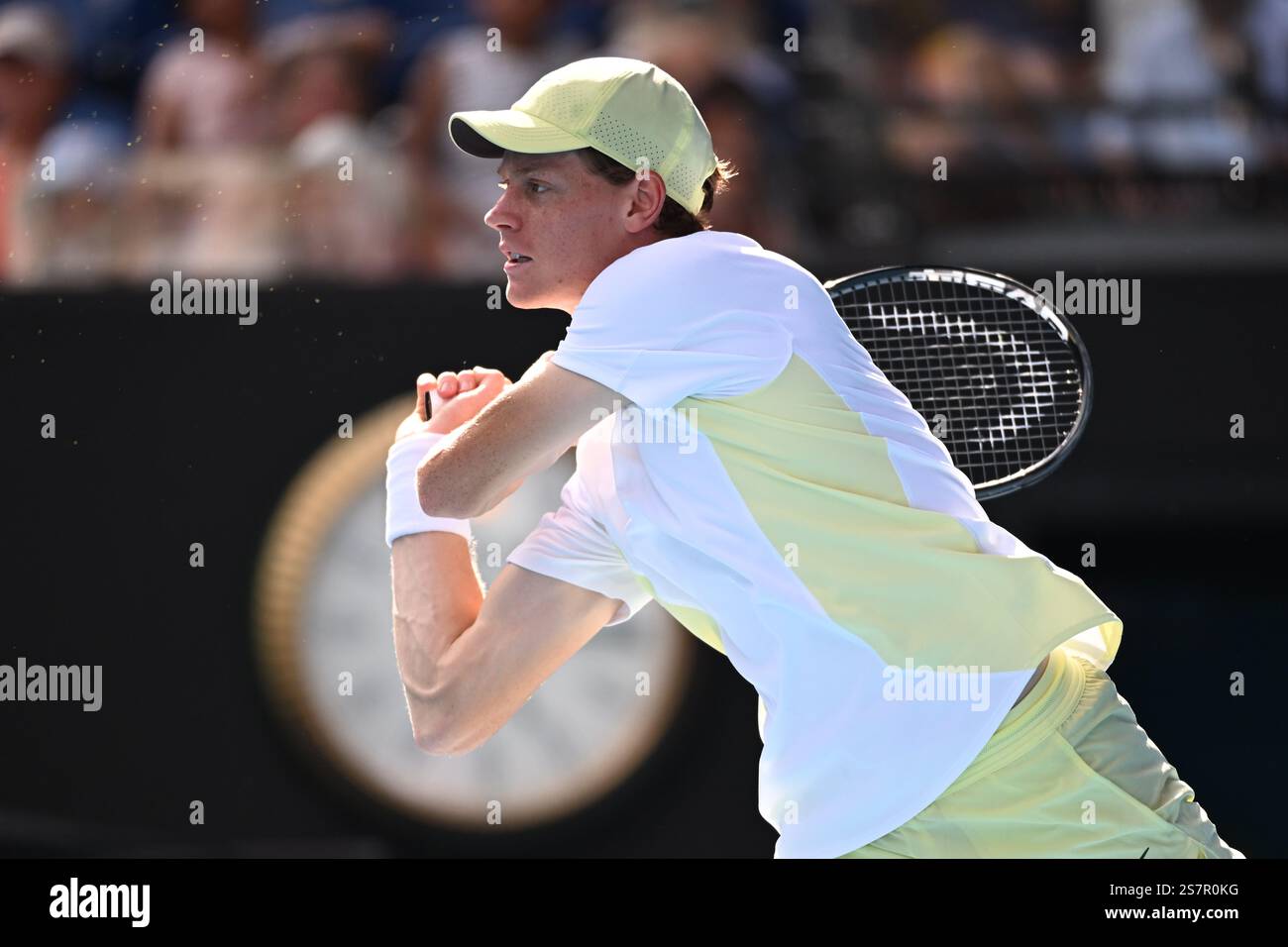 Melbourne, Australia. 20th Jan, 2025. Jannik Sinner of Italy returns during his round 4 match ...