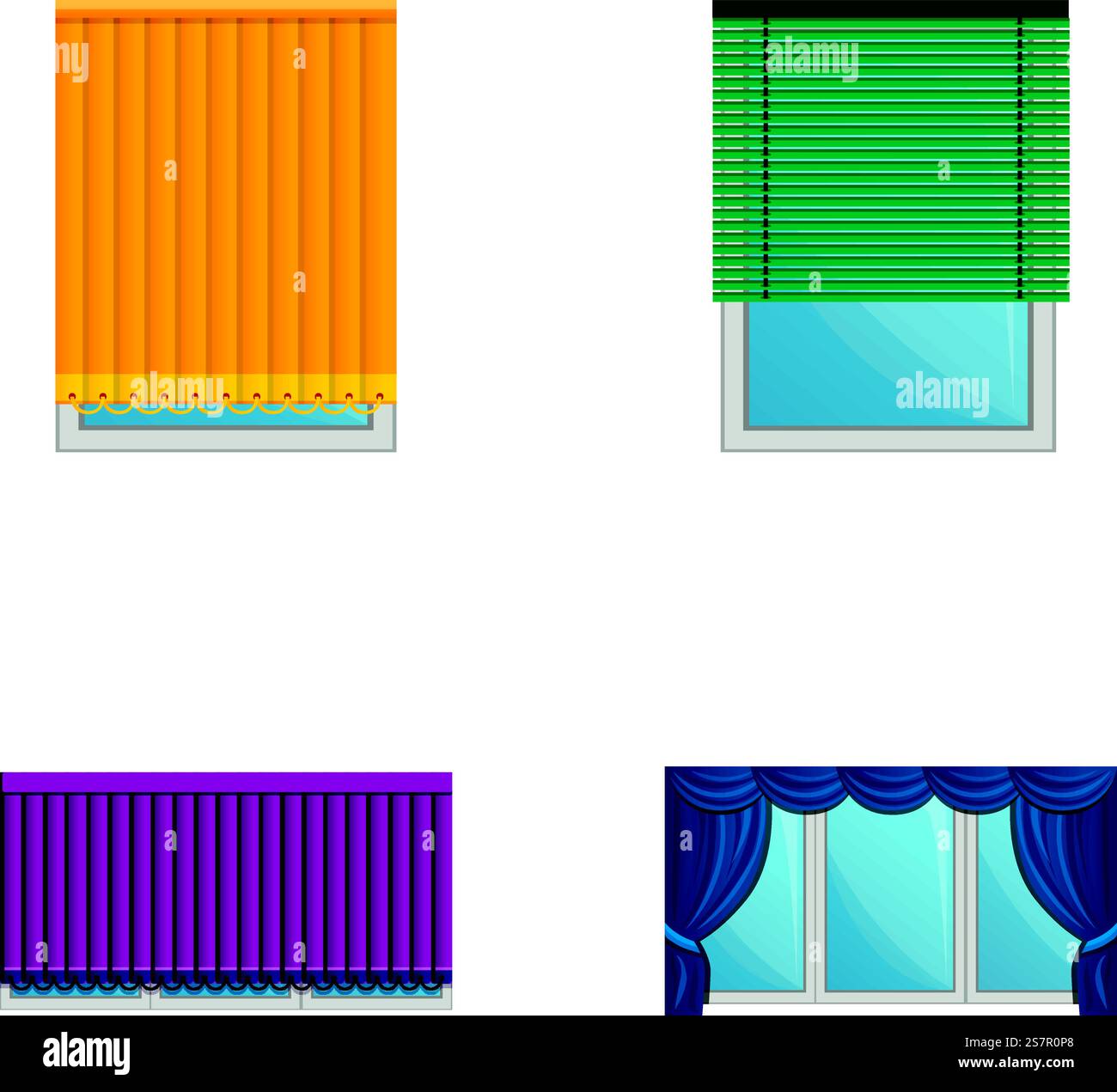 Window decor icons set cartoon vector. Blinds and curtain. Light ...
