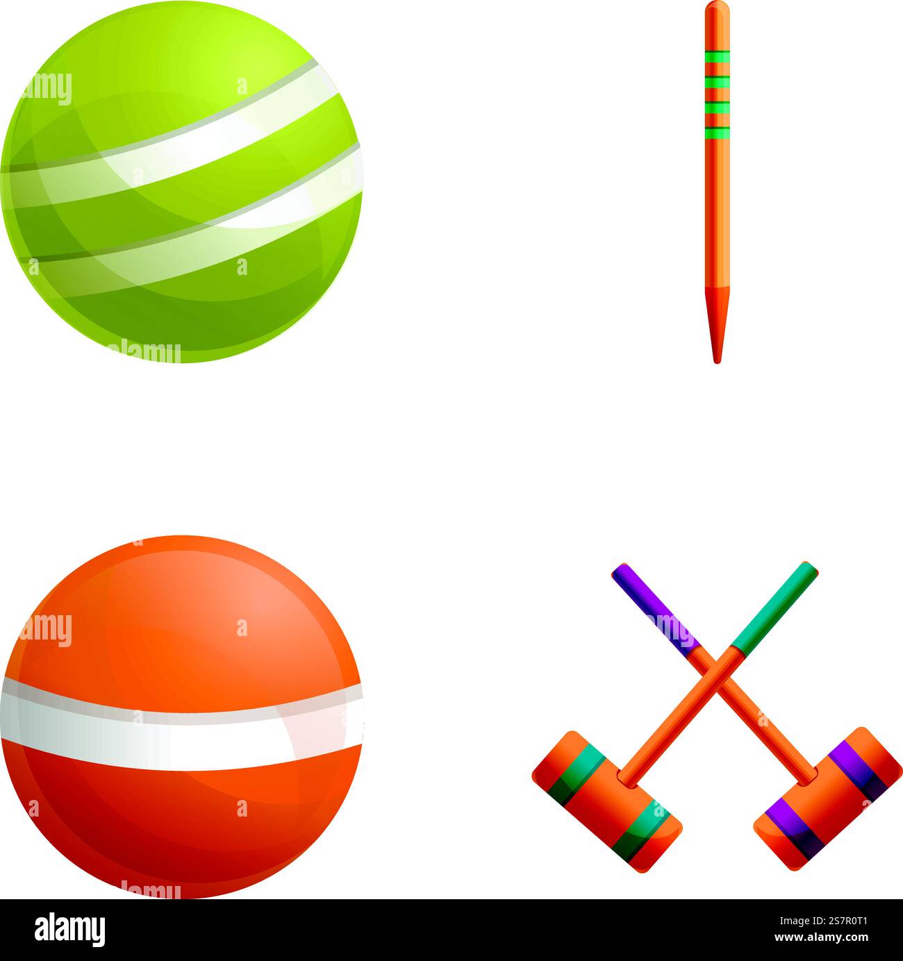 Croquet tool icons set cartoon vector. Center peg, croquet mallet and ...