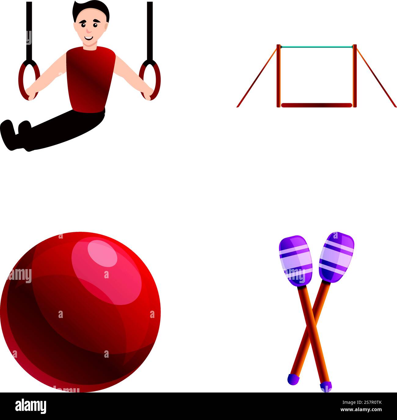 Playing sport icons set cartoon vector. Male athlete doing rings ...