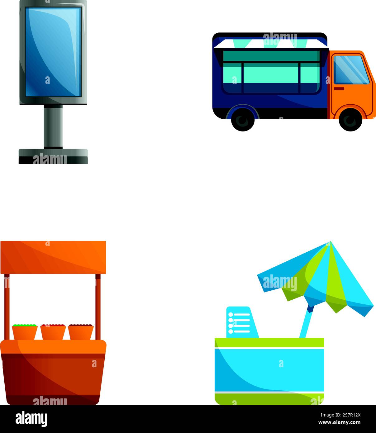 Street vending icons set cartoon vector. Street stall and food truck ... Street vending icons set cartoon vector. Street stall and food truck ...