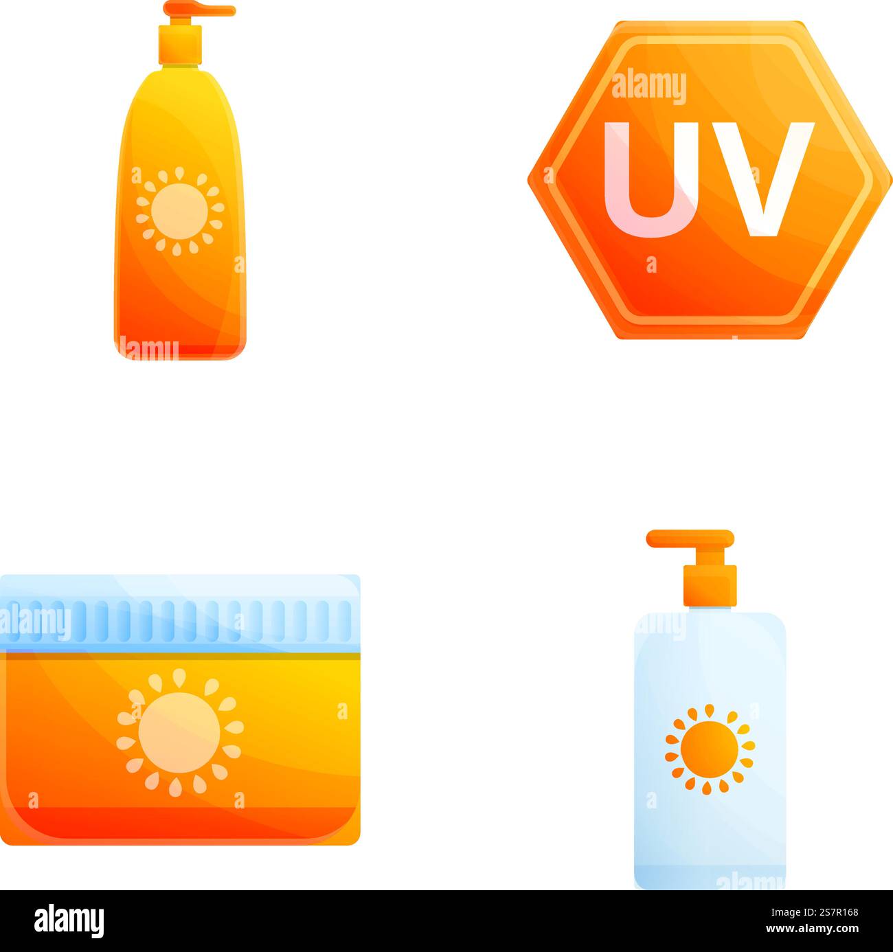 Sunscreen icons set cartoon vector. Sunscreen bottle and uv shield ...