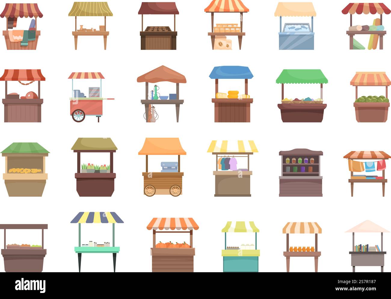 Crafts marketplace icons set cartoon vector. Street market. Food shop ...