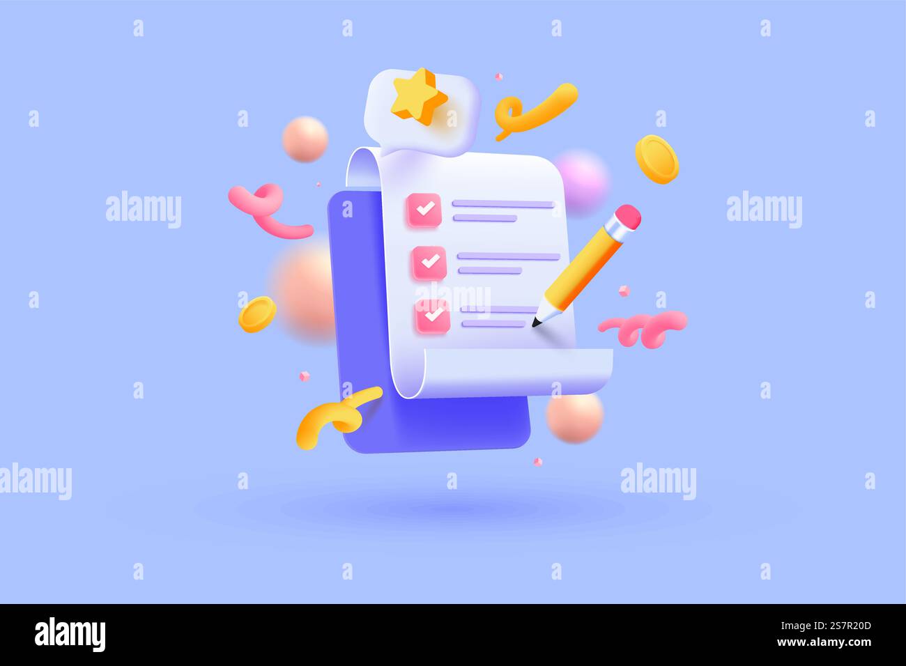 3d clipboard and pencil on purple background. Notepad illustration. 3d ...