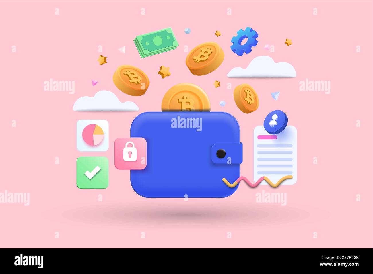Blue bitcoin wallet with coins and cash isolated on pink background. Online shop, finance, banks ...