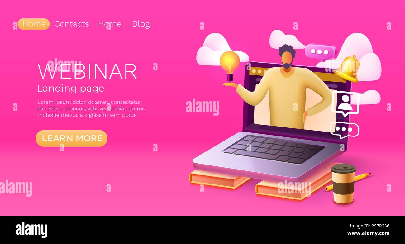 Landing page laptop Webinar, website banner message. Vector ...