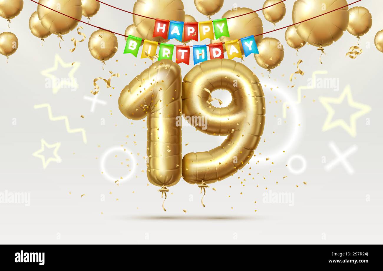 Happy Birthday 19 years anniversary of the person birthday, balloons in ...