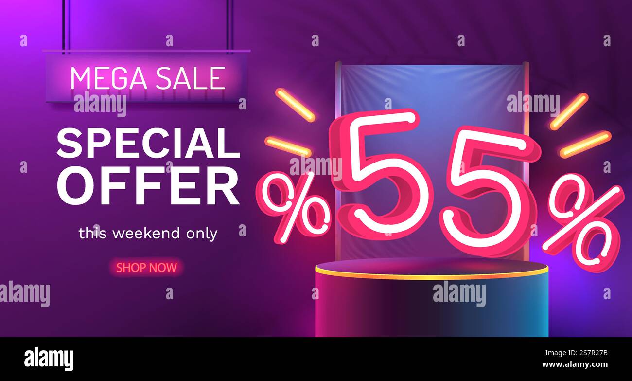 Mega sale special offer, Neon 55 off sale banner. Sign board promotion ...