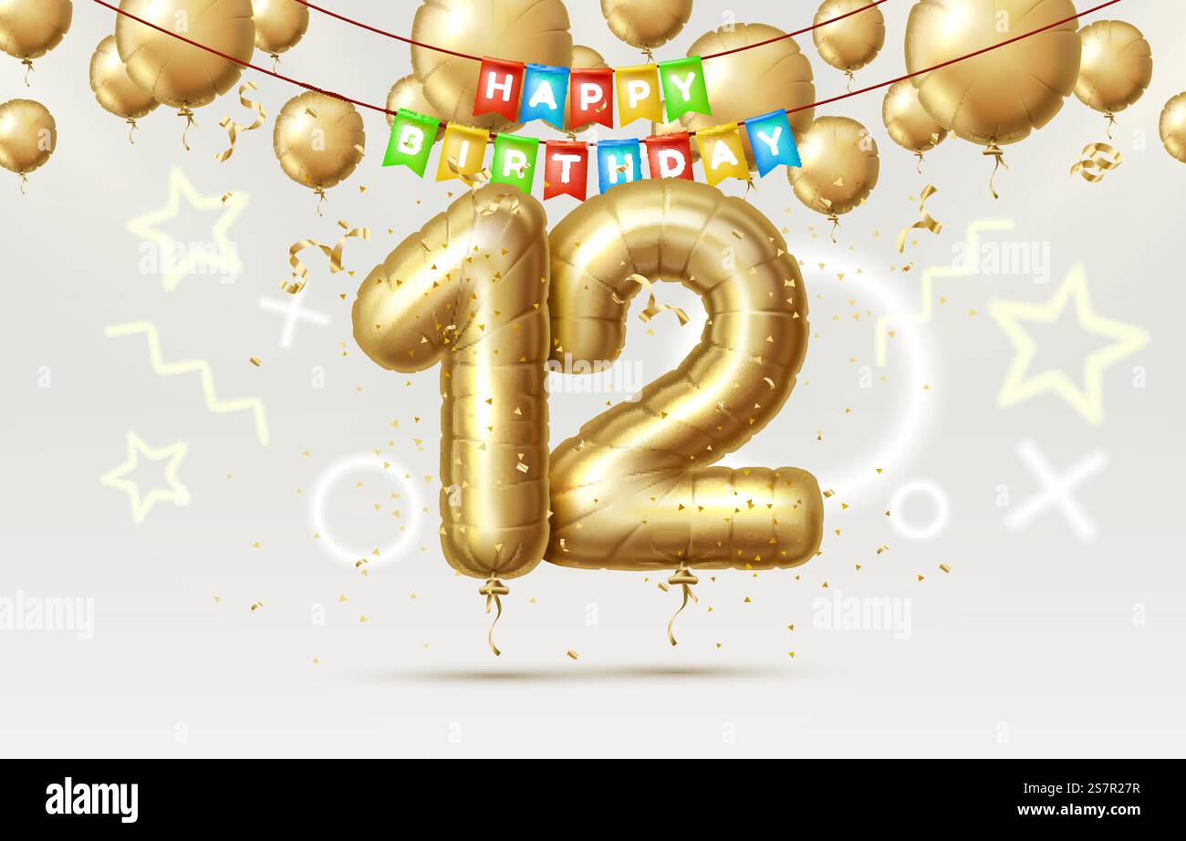Happy Birthday 12 years anniversary of the person birthday, balloons in ...