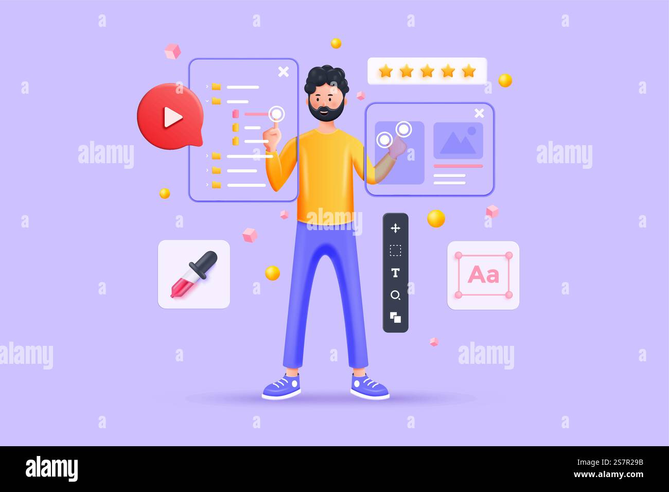 Cartoon beard handsome character casual man working in virtual space. A ...