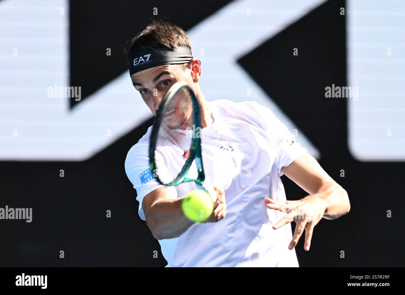 Melbourne, Australia. 20th Jan, 2025. Lorenzo Sonego of Italy returns during his round 4 match ...