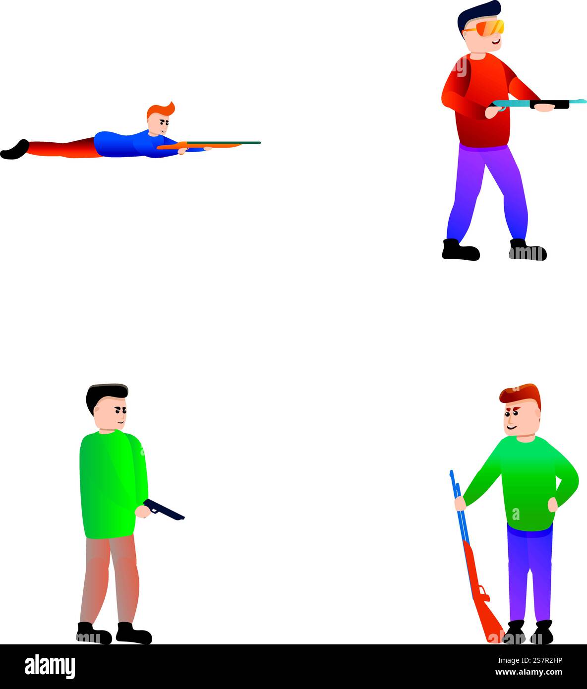 Shooter icons set cartoon vector. Adult man with gun. Shooting ...