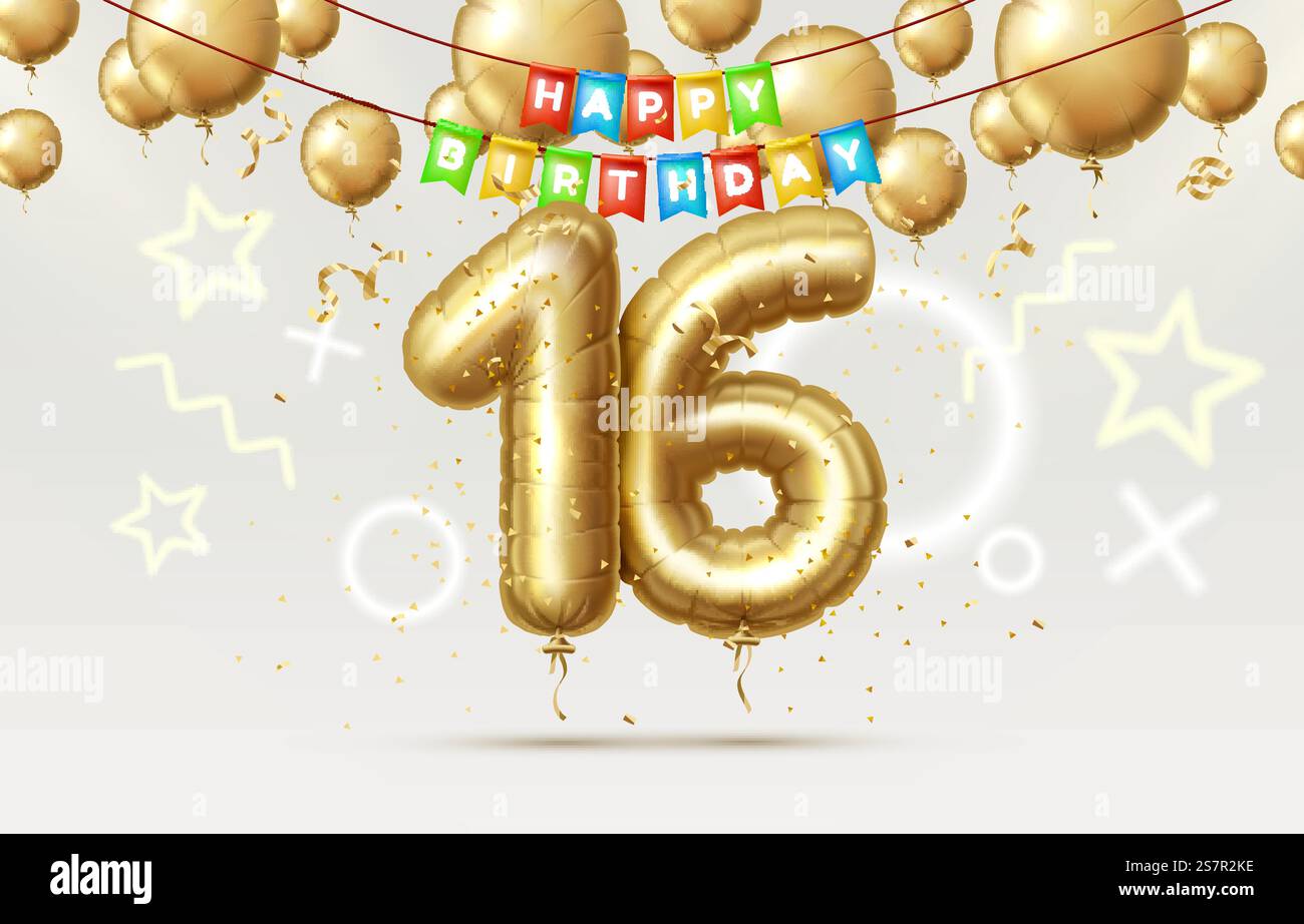 Happy Birthday 16 years anniversary of the person birthday, balloons in ...