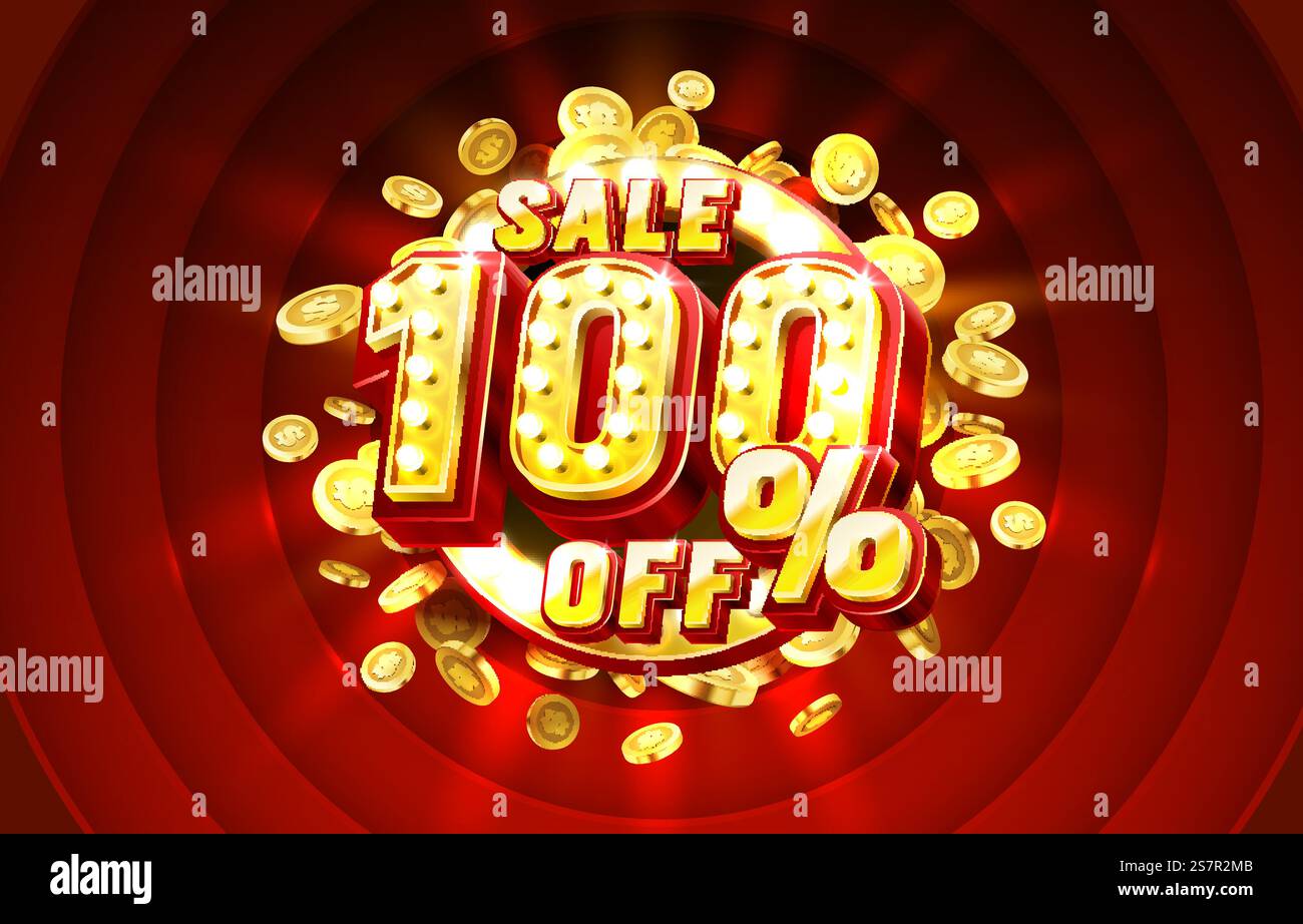 Scene golden 100 sale off text banner. Night Sign. Vector illustration ...