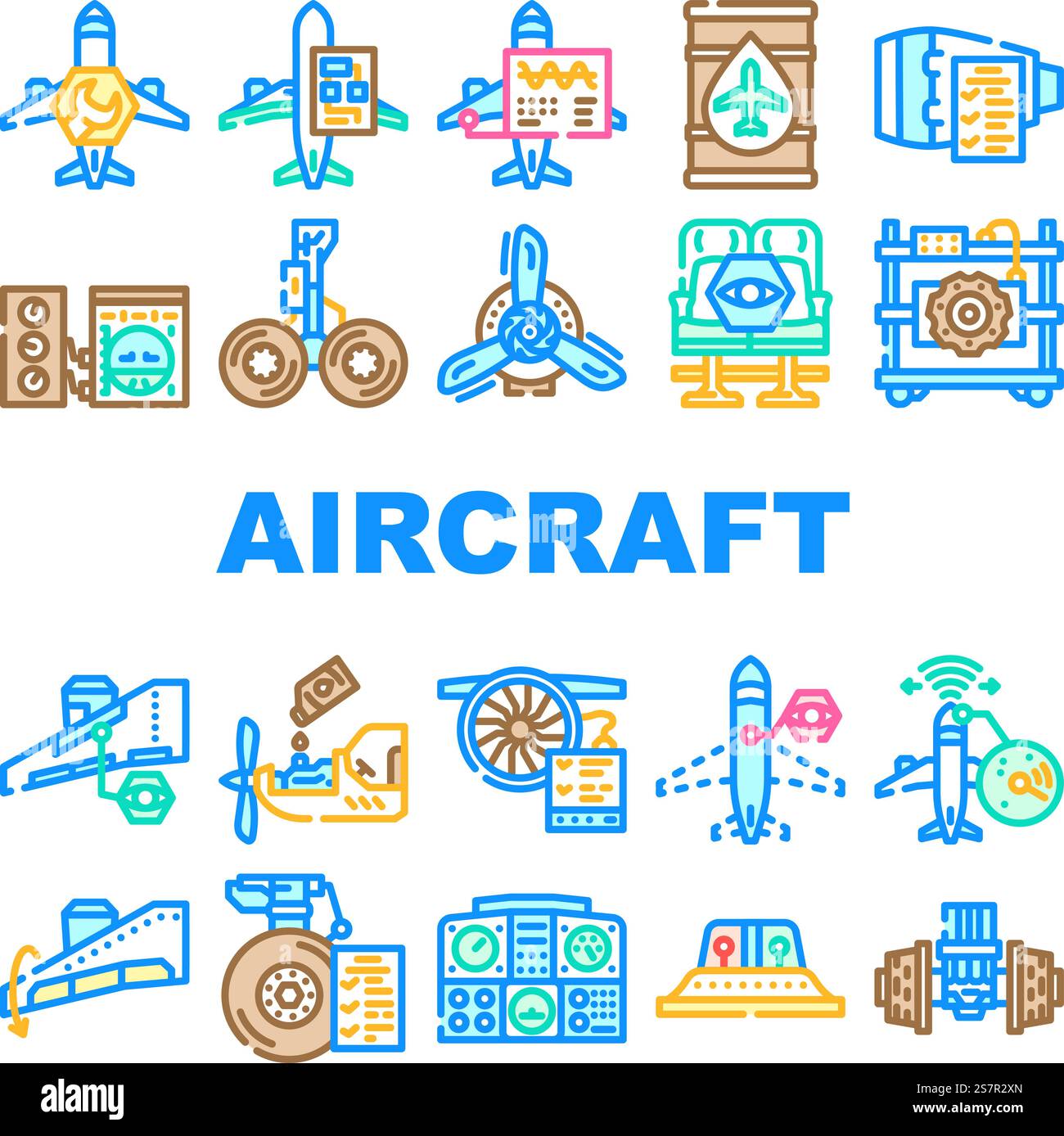 aircraft mechanic aviation icons set vector. maintenance plane, jet engine, airplane airport ...