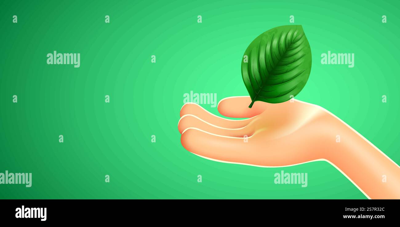 Cartoon Hand holding green leaf. Ecology and healthy life concept. Vector illustration. Cartoon ...