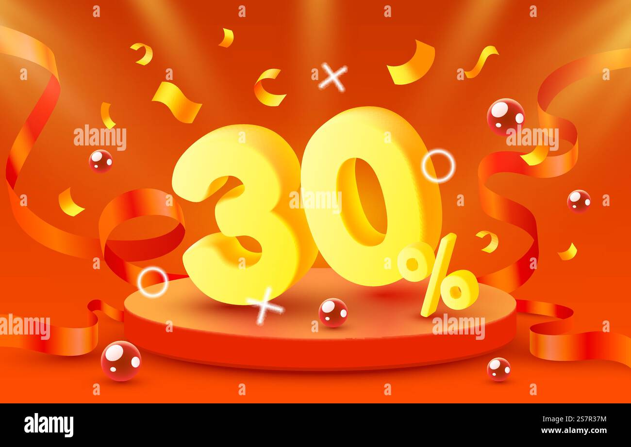 30 Off. Discount creative composition. 3d sale symbol with decorative objects, golden confetti ...