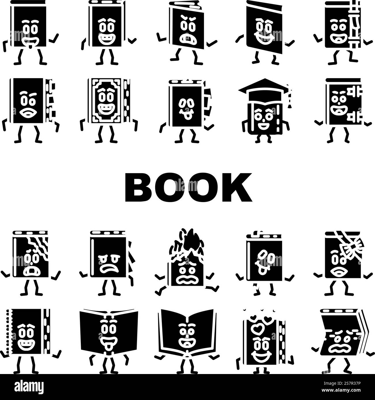 book character school icons set vector. study education, library ...