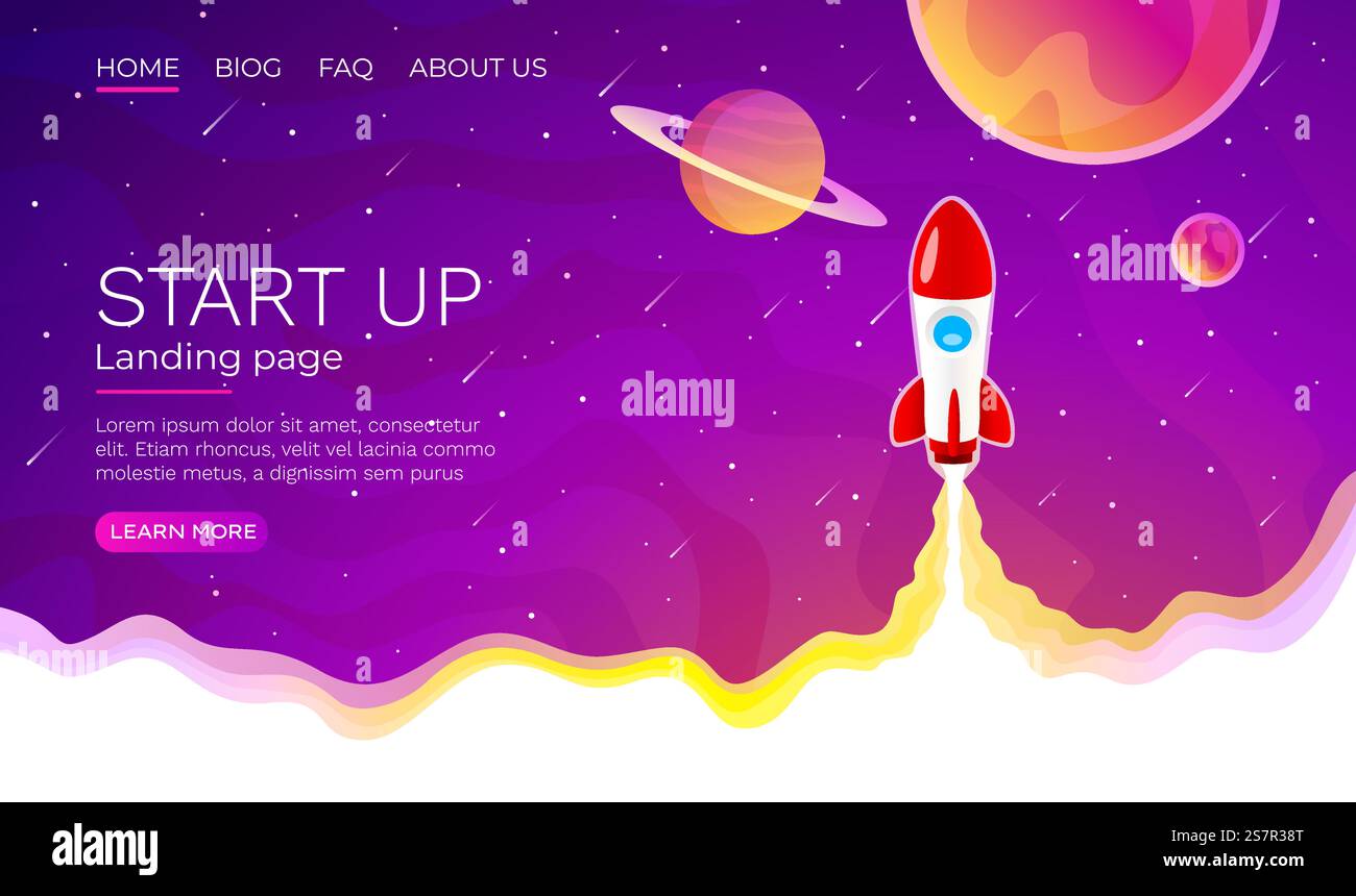 Start up idea Landing page screen, development technology, rocket ...