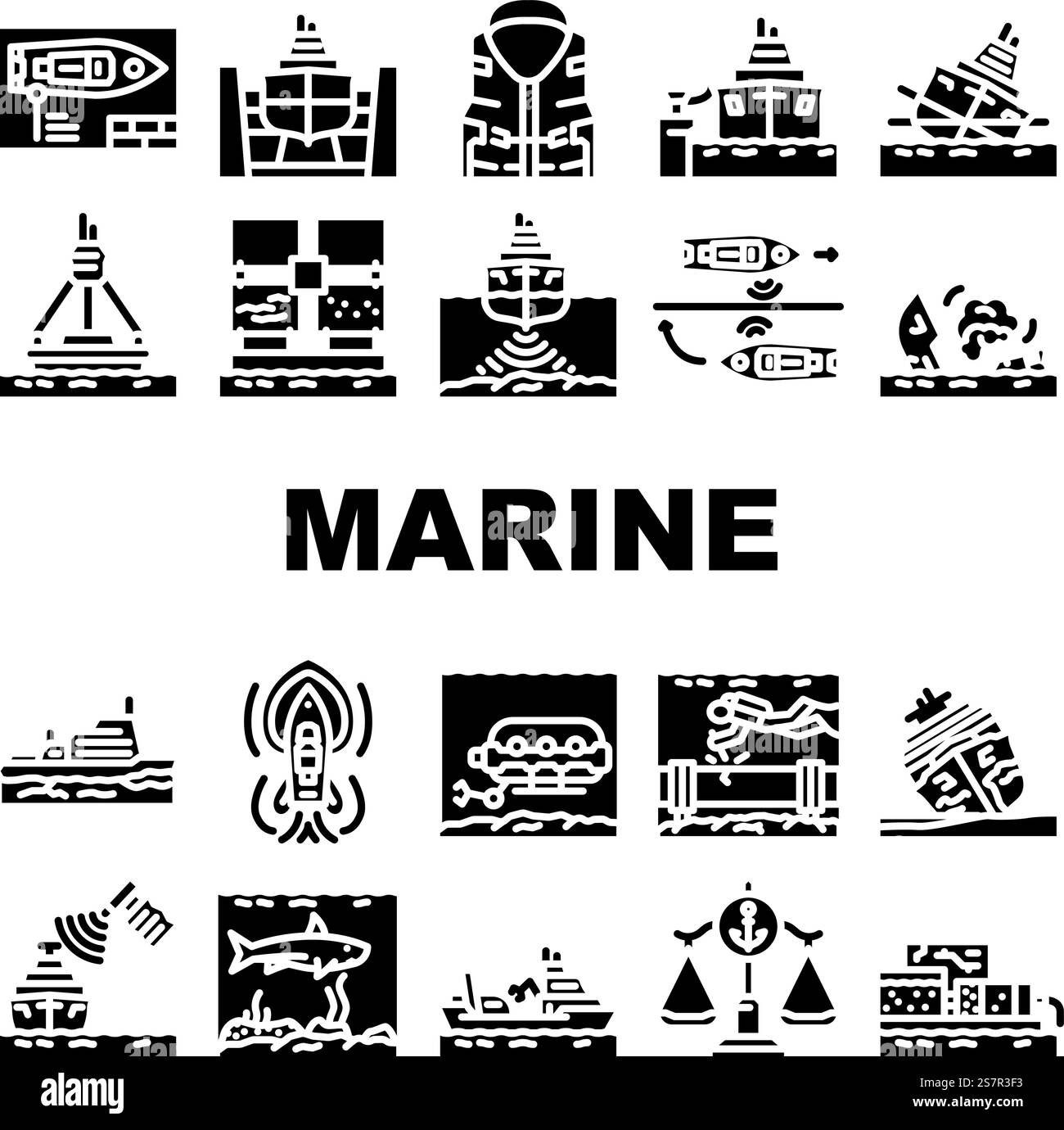 marine engineering ship icons set vector. vessel maritime, work, sea ...