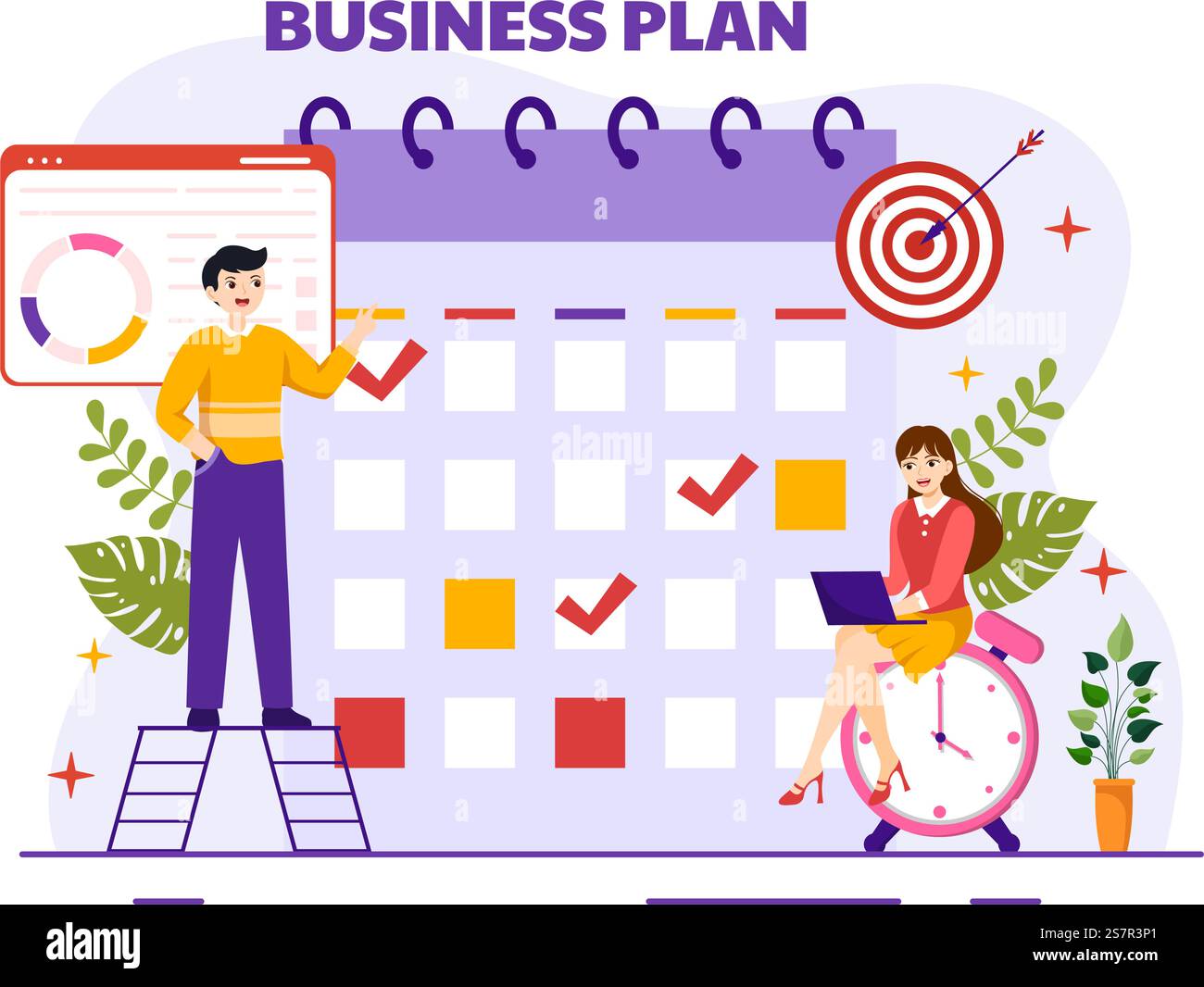 Business Plan Vector Illustration with Target, Planning, Workflow, Time Management, Statistical ...