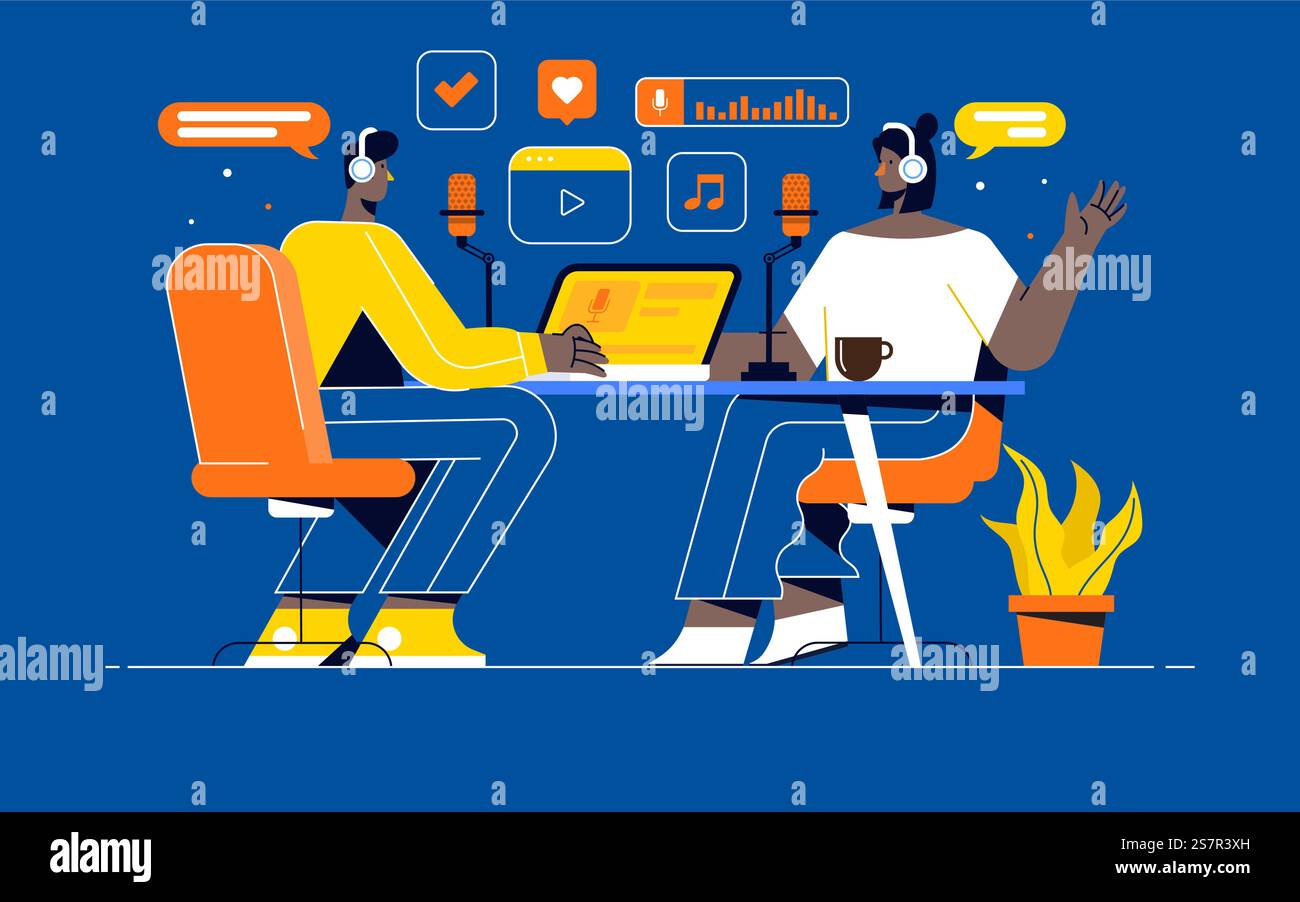 Podcast concept. Flat design illustration of two people in headphones ...