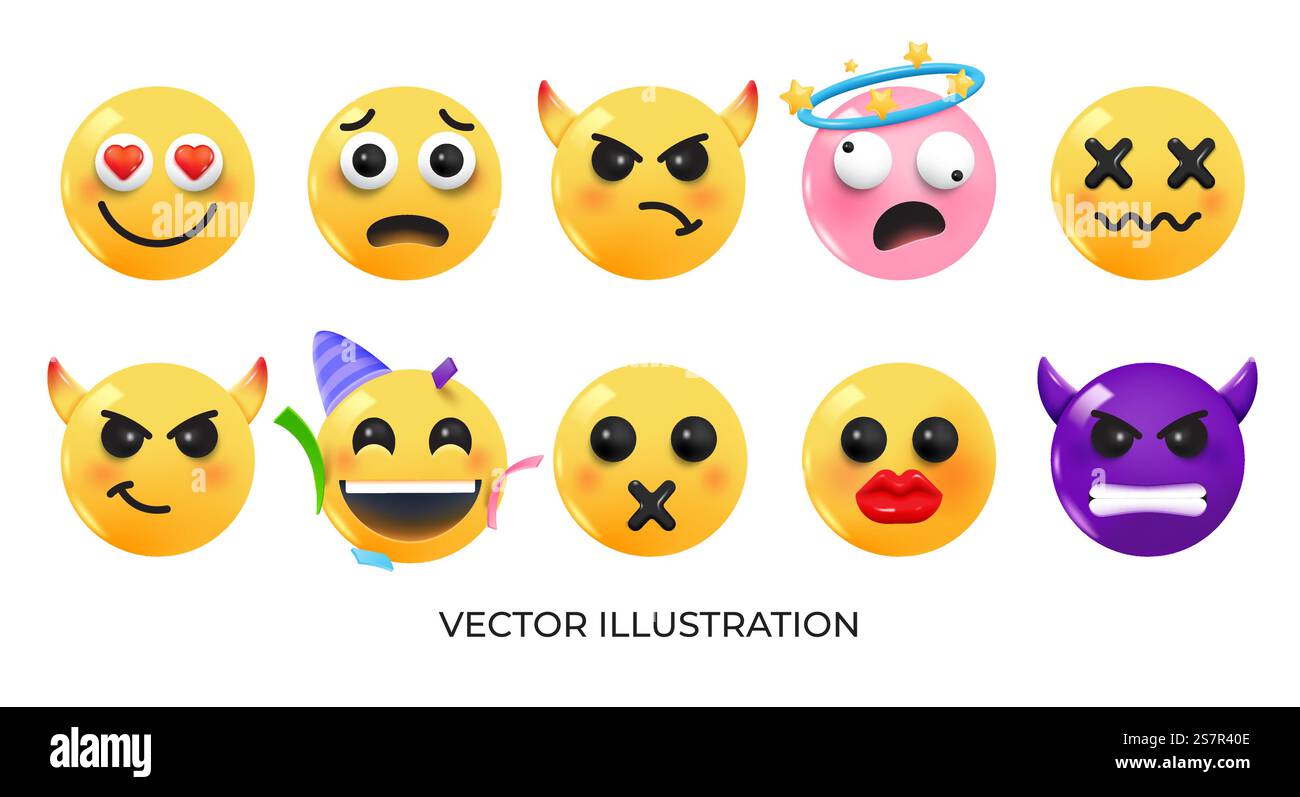 Set of IEmoji icons. Realistic Yellow Glossy 3d Emoticons face on ...