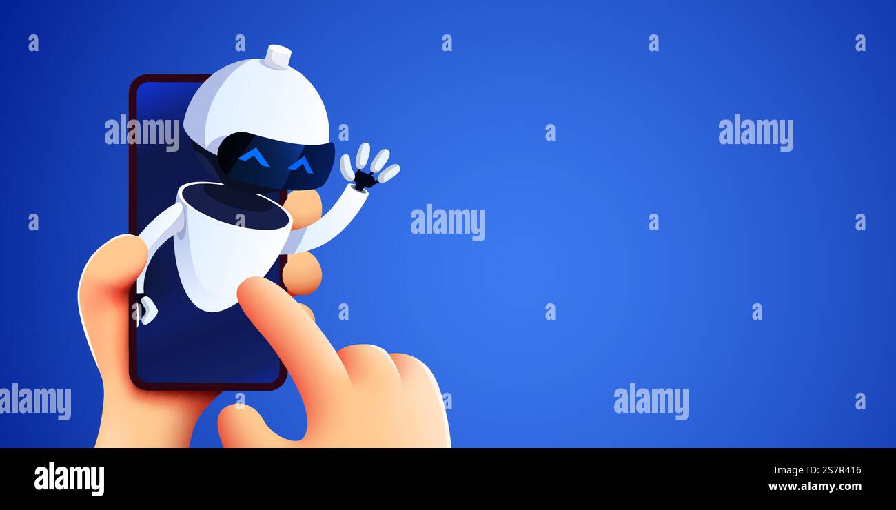 Hand hold smartphone with robot. Chatbot or AI concept. Vector ...