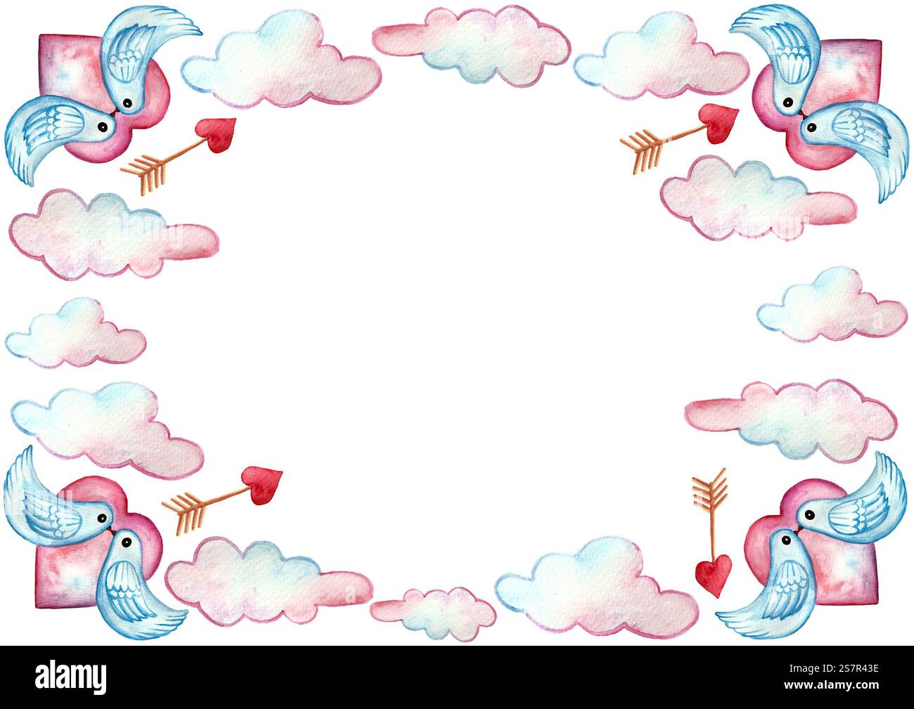 Frame of symbols of love. Pairs of kissing doves on a background of ...