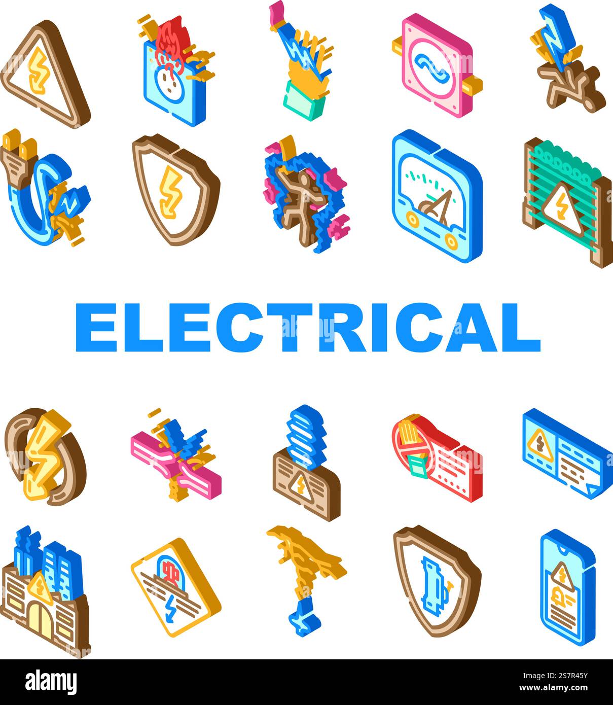electrical danger voltage icons set vector. hazard power, energy high ...