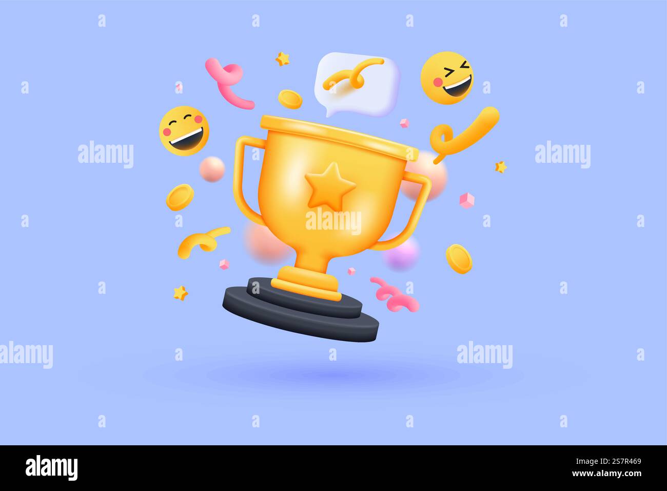 3D Trophy cup with floating chat box, emoji, ribbon and geometric ...