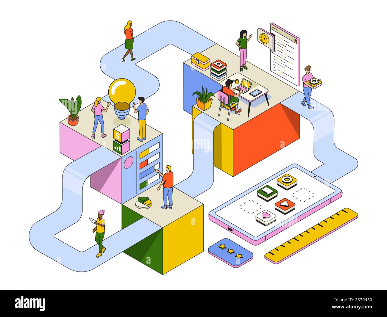 Isometric virtual office with business people working together on App ...