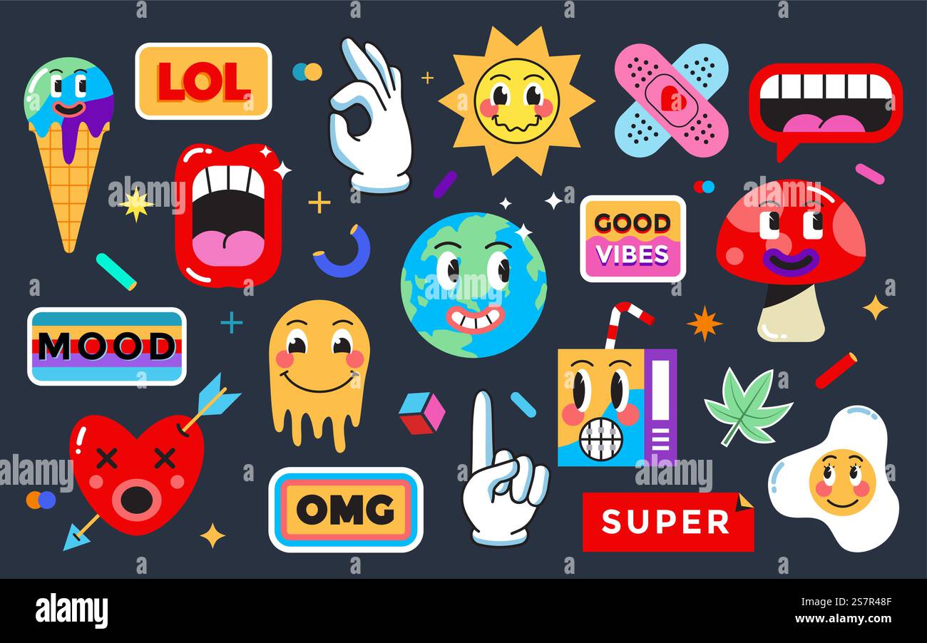 Set of Various Patches, pins, stamps or Stickers. Abstract funny cute ...