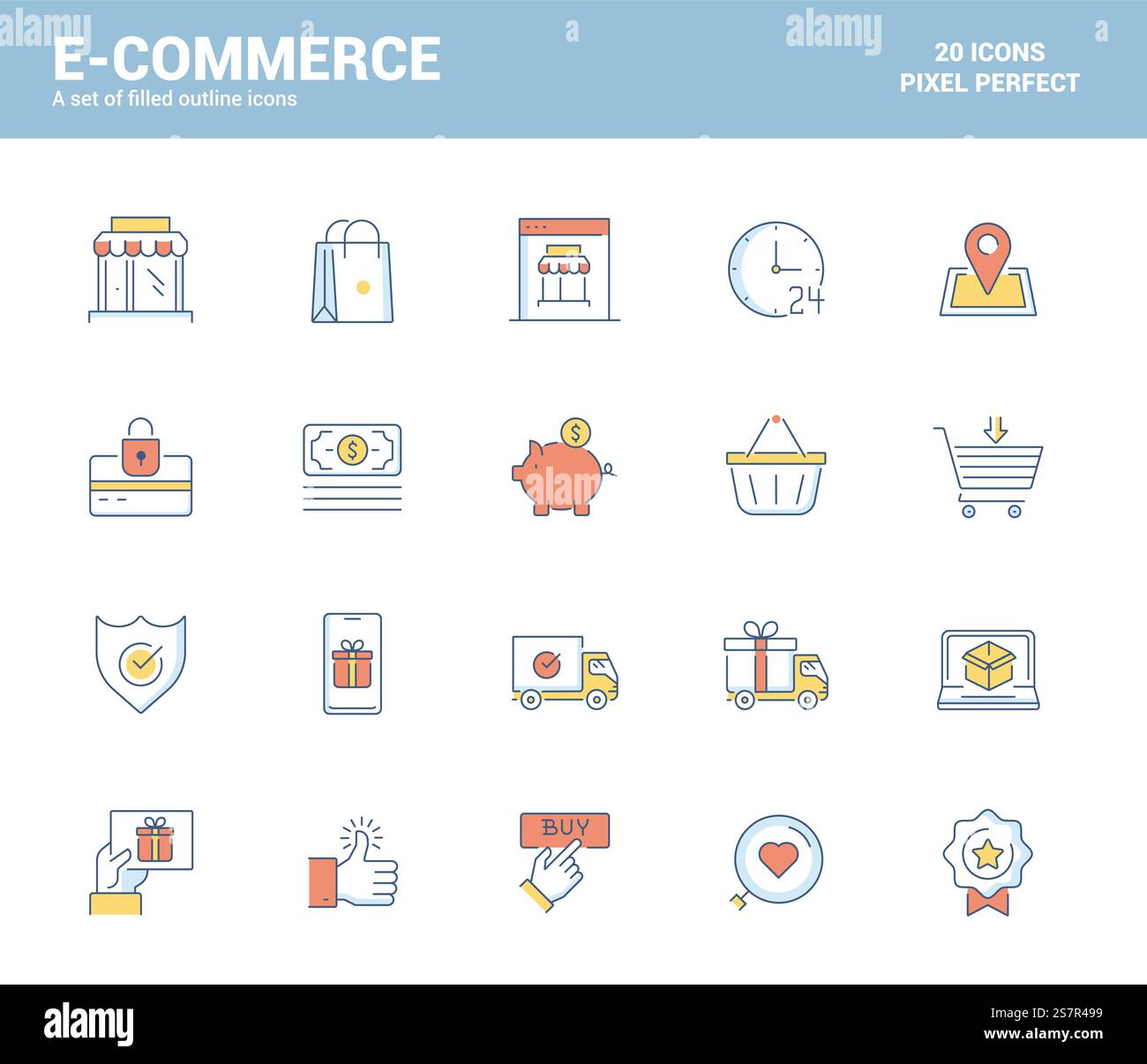 Set of flat line filled icons for E-Commerce theme, suitable for mobile ...