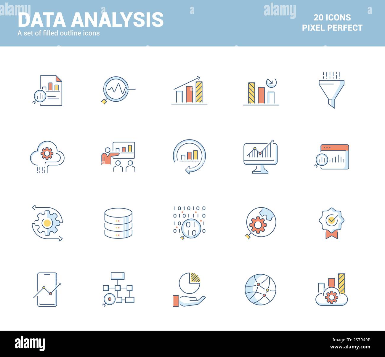 Set of flat line filled icons for Data analysis theme, suitable for ...