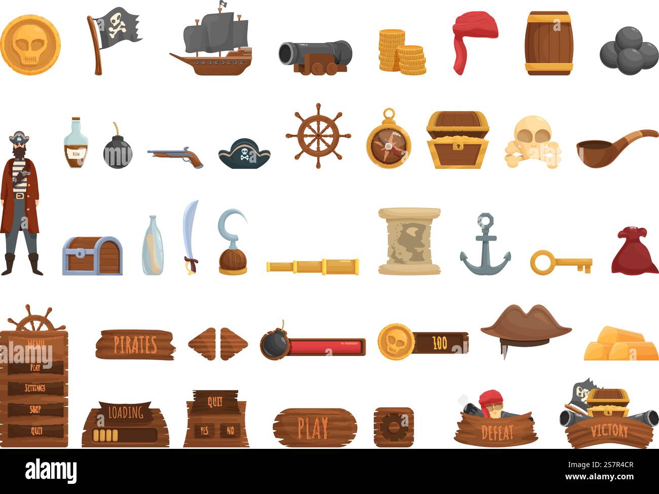 Pirate game icons set cartoon vector. Skull box treasure. Man ship game ...