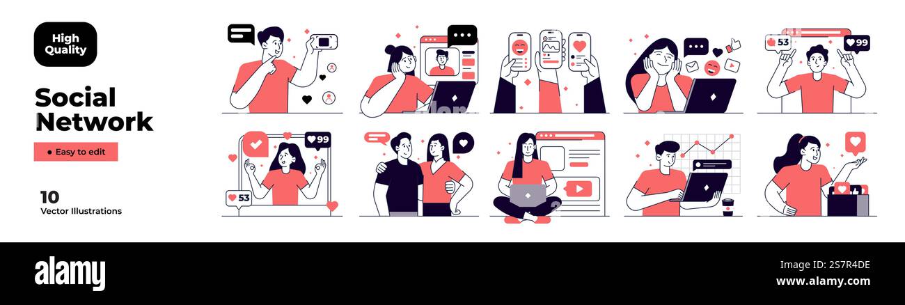 Social Media Network illustrations. Mega set. Collection of scenes with ...