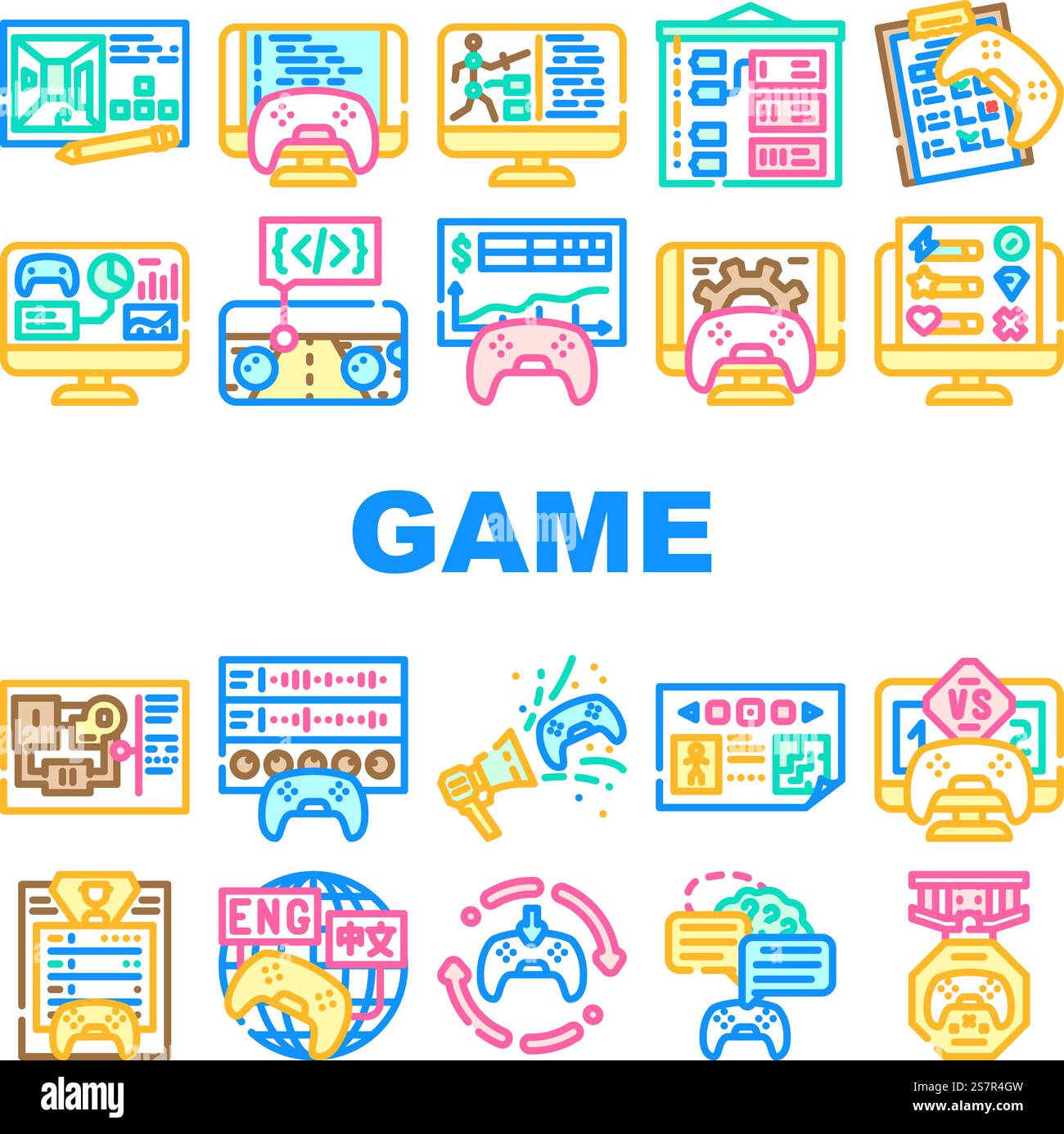 game development software icons set vector. computer screen, industry technology, office people ...