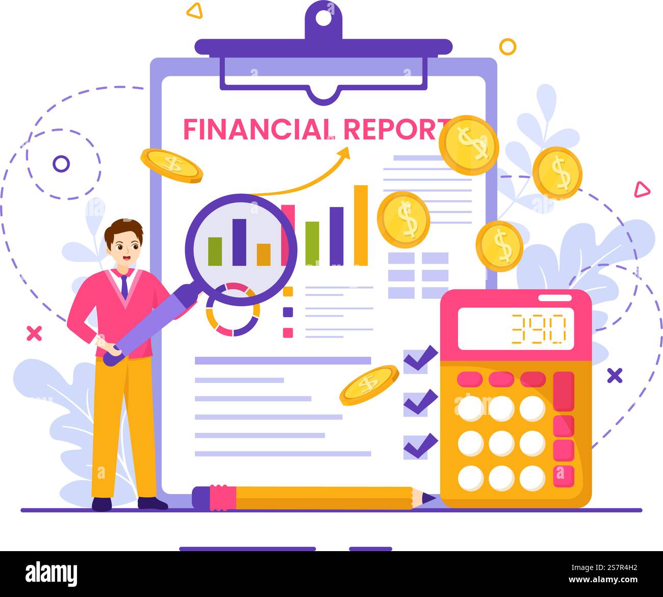 Financial Report Vector Illustration with Data Charts, Graphs and Diagrams on Finance ...