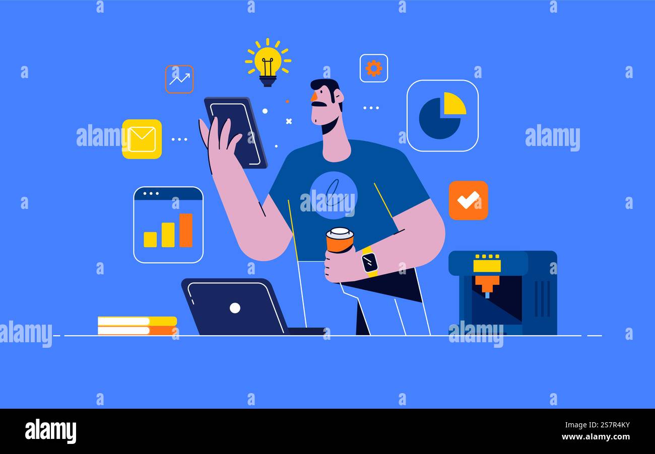 Content manager at work hand drawn illustration. Men multitasking skill ...
