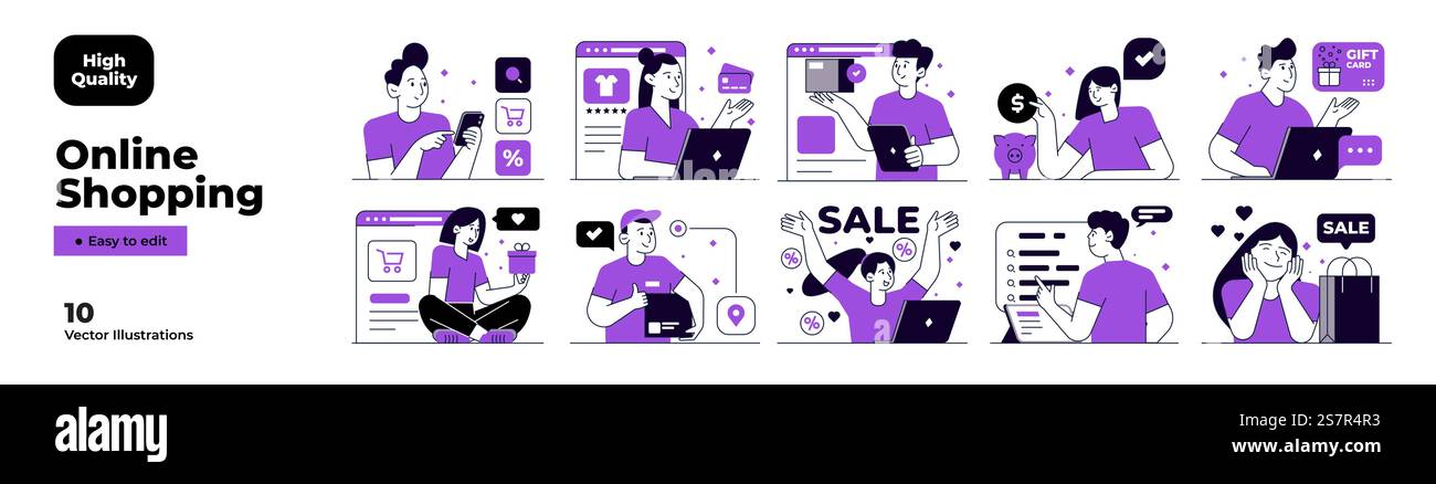 Online shopping and E-commerce concept set. Sale, orders, online ...