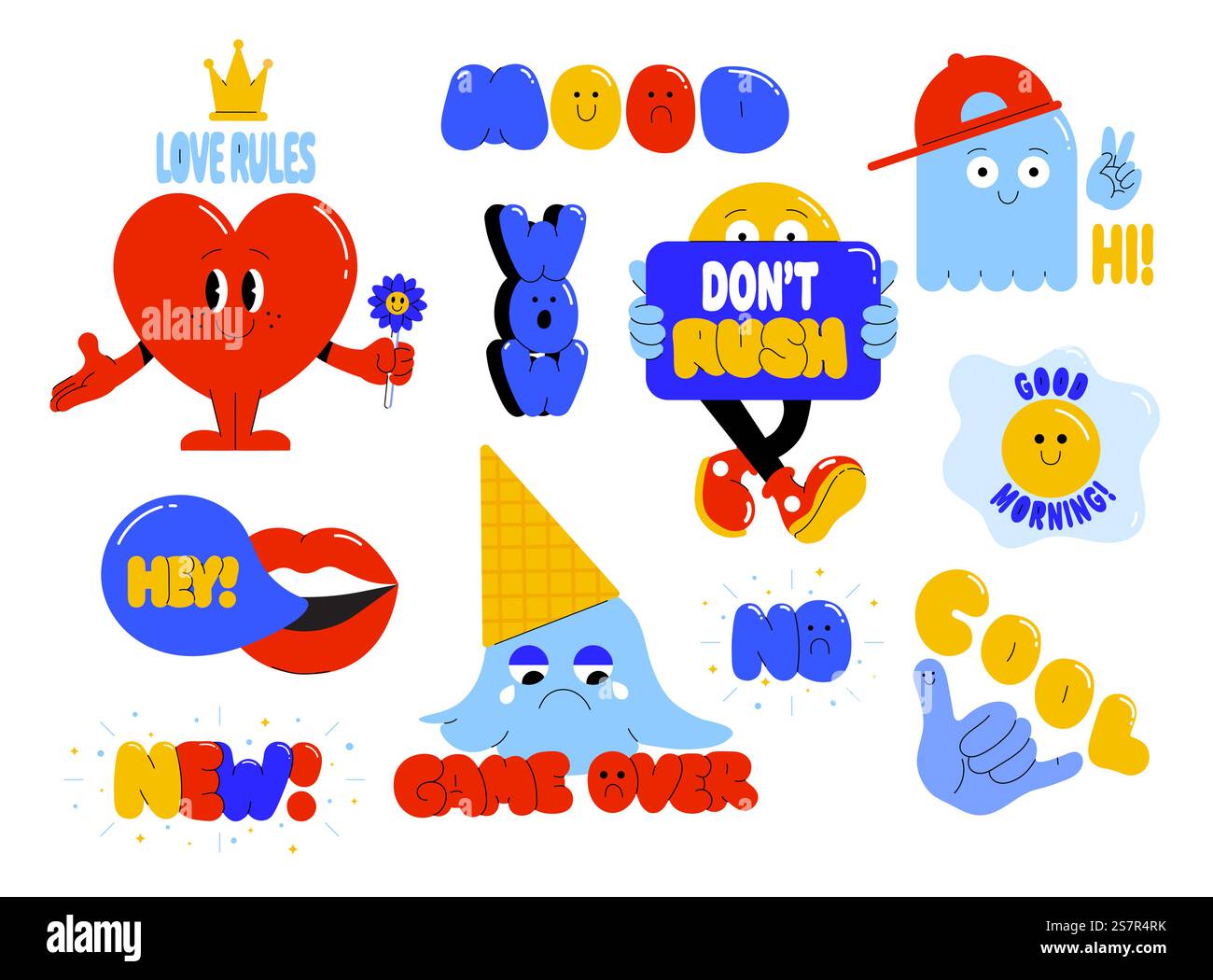 Cool Trendy Retro Stickers Collection. Set of Funny Character Emoticons ...