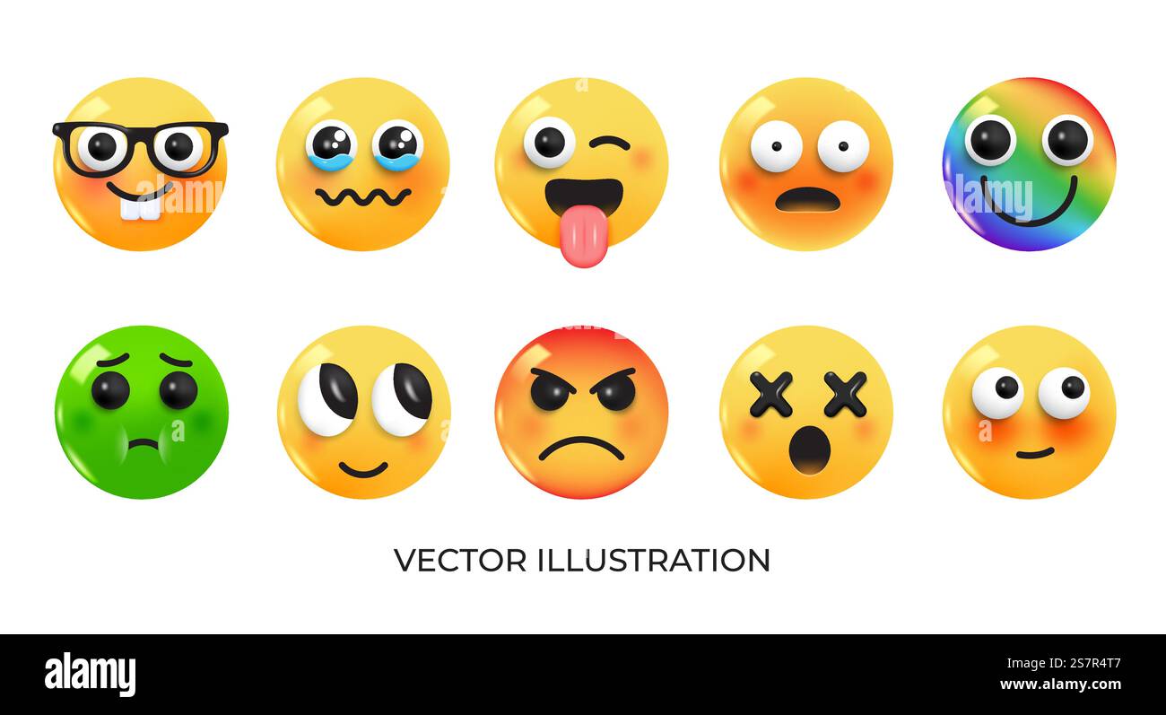 Set of IEmoji icons. Realistic Yellow Glossy 3d Emoticons face on ...