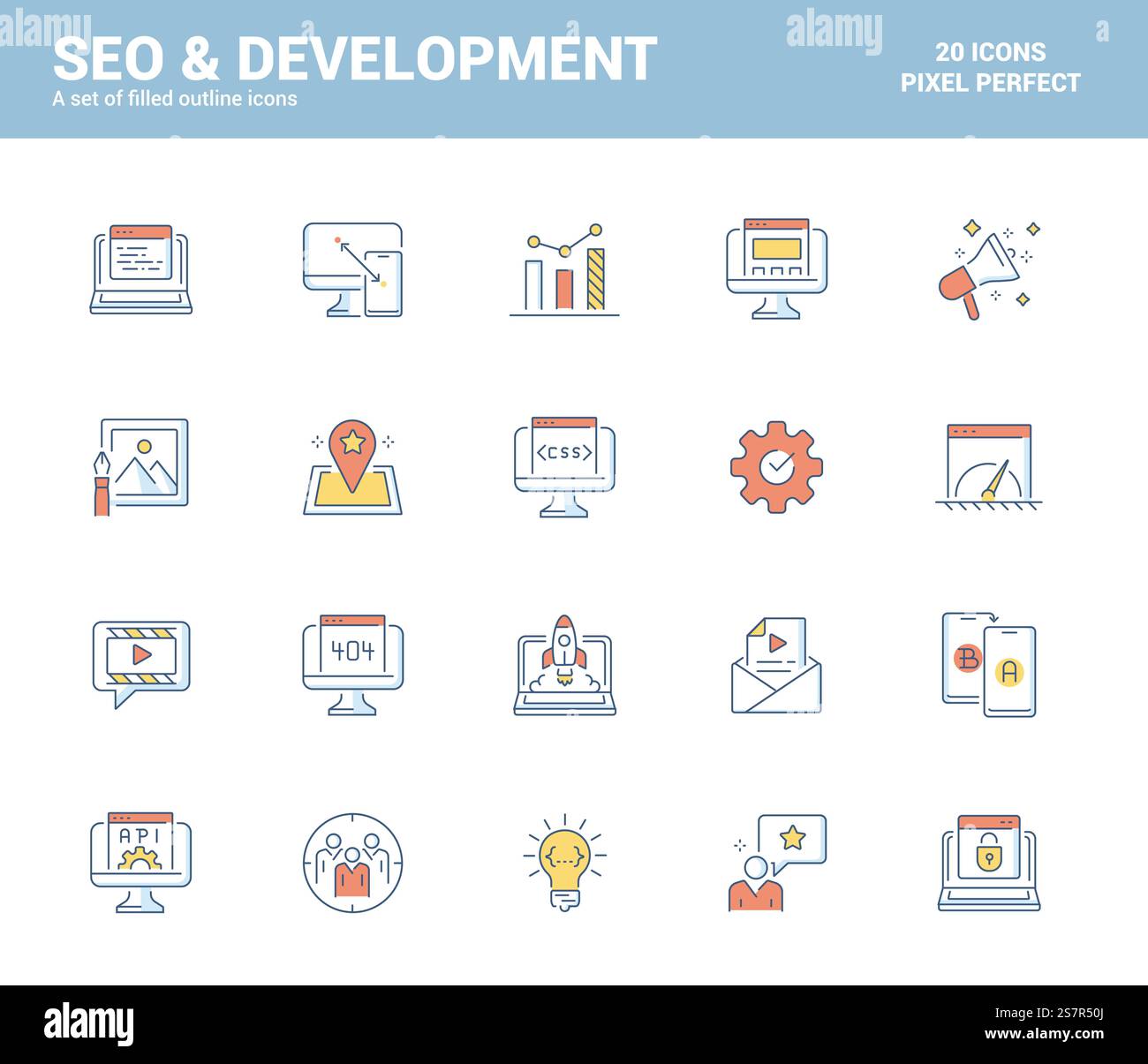 Set of flat line filled icons for Marketing theme, suitable for mobile ...
